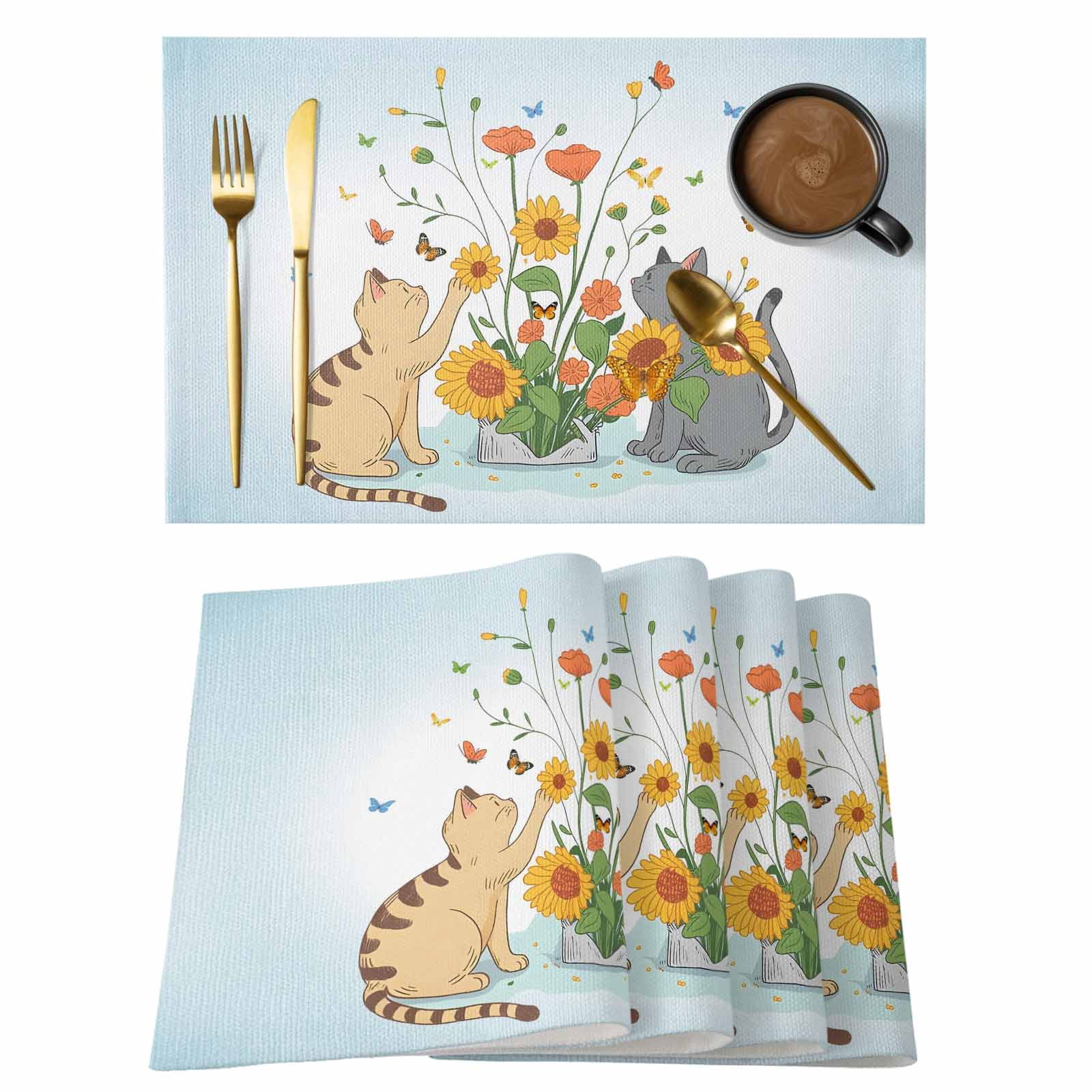 Cute Cats Cotton Linen Placemats Set of 2, Yellow Red Flower ...
