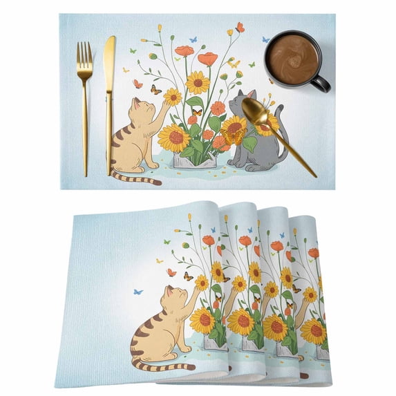 Cute Cats Cotton Linen Placemats Set of 2, Yellow Red Flower ...