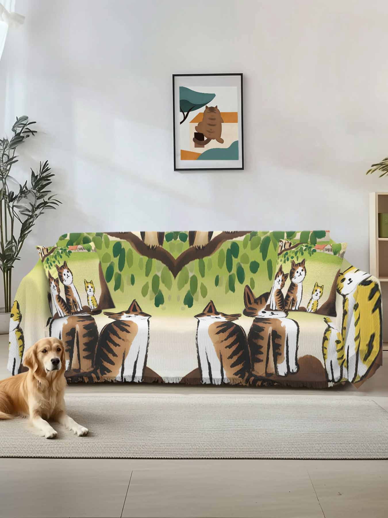 Cute Cats Couch Cover, Japanese Owls Animals Country Leaves Rustic Sofa ...