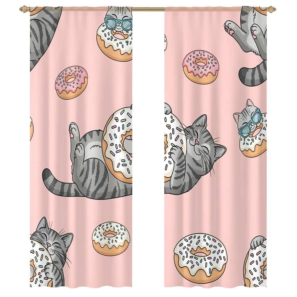 Cute Cats Donuts Pink Pattern Tulle Curtains For Living Room Chiffon ...