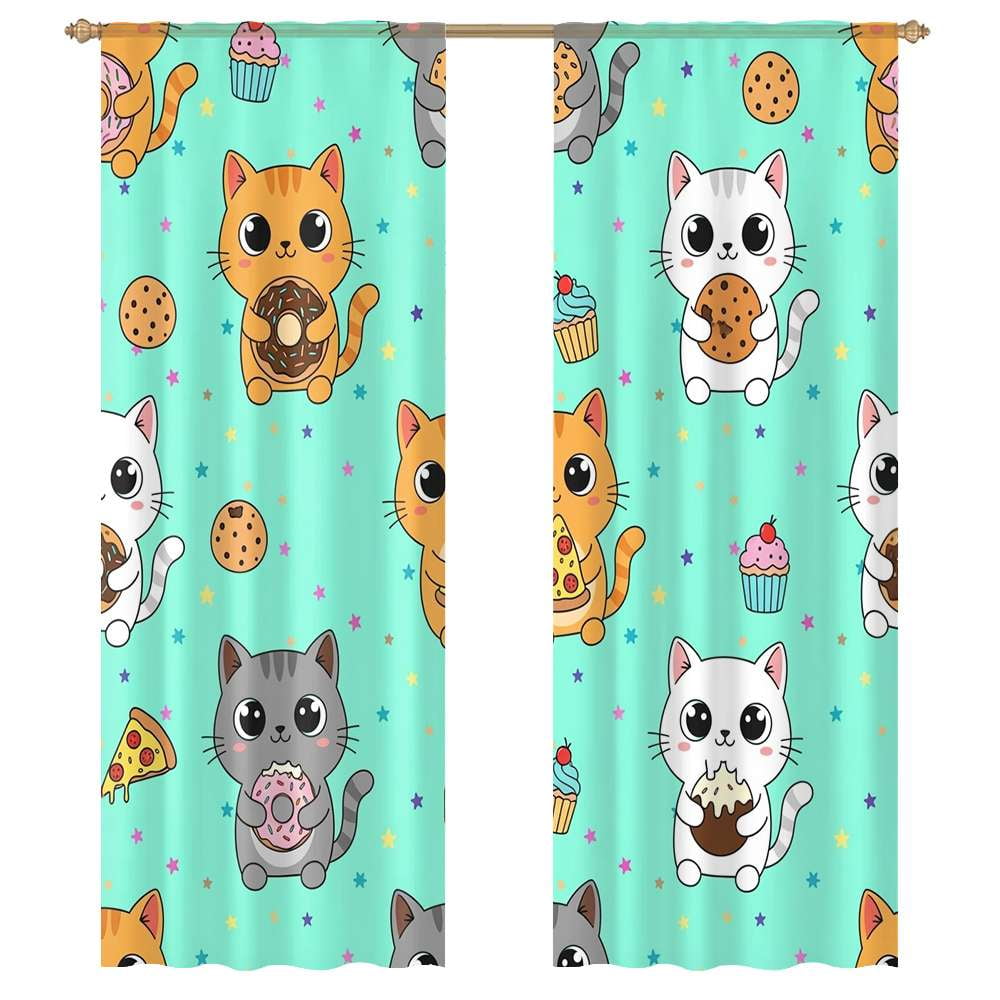 Cute Cats Eating Sweet Treats Pattern Modern Tulle Window Curtains for ...