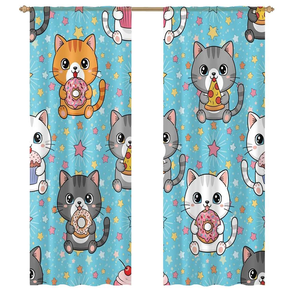 Cute Cats Eating Sweet Treats Sheer Window Curtains for Living Room ...
