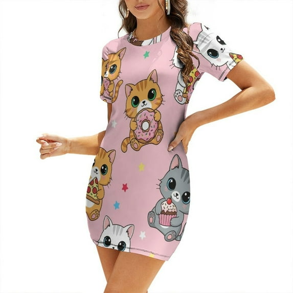 Cute Cats Eating Yummy Treats Pink Background Short Dress Dresses For ...