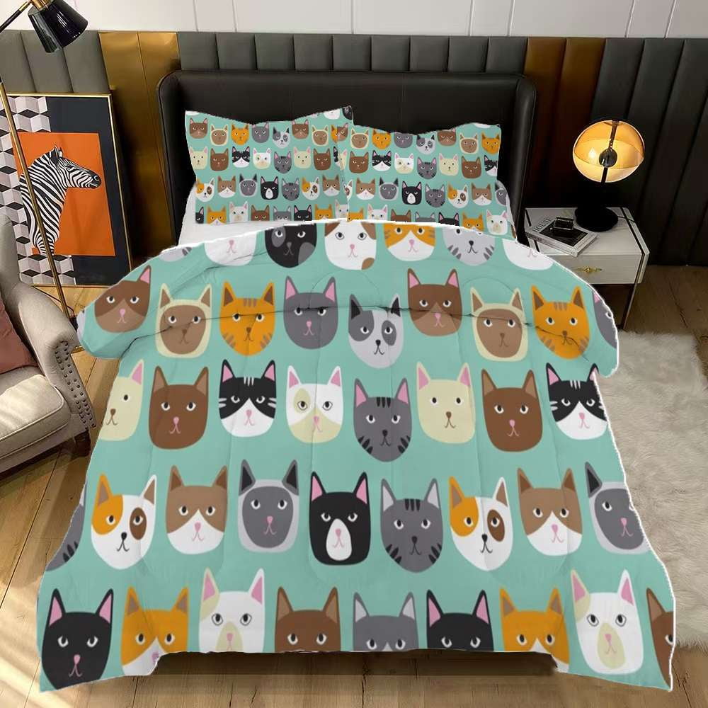 Cute Cats Face Comforter Set Queen Size Bedding Set For Travl Bedroom ...