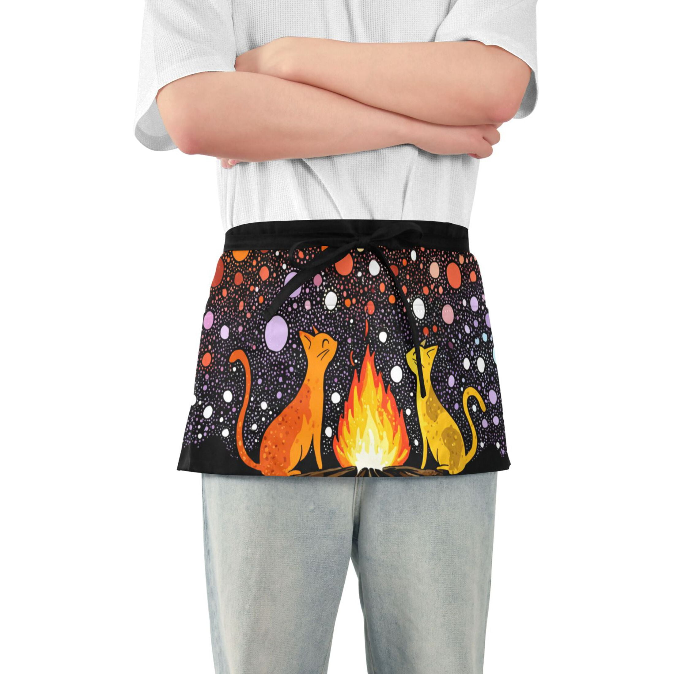 Cute Cats Fire Starry Night Short Server Apron with 3 Pockets for ...