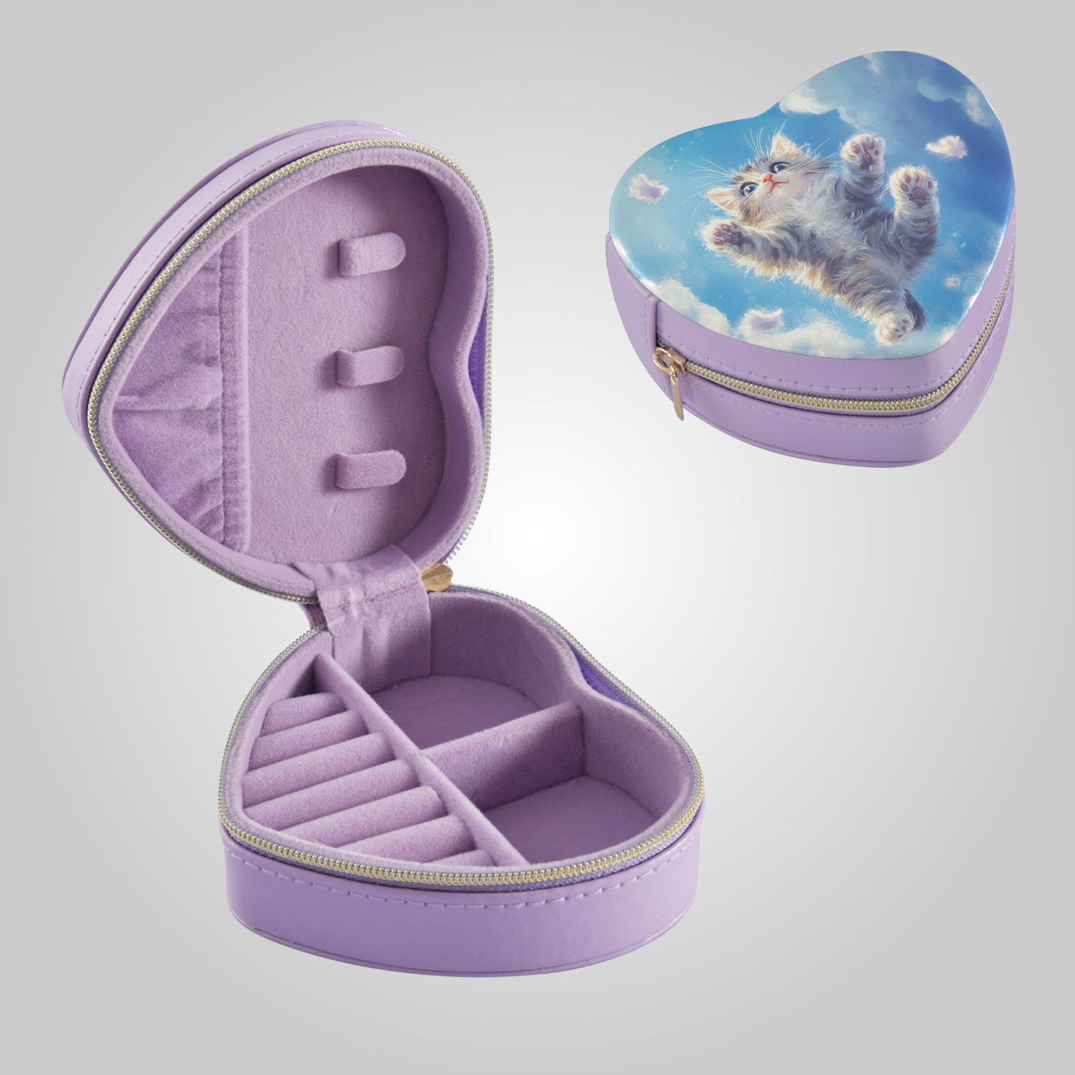 Cute Cats Flying on Floral Field PU Leather Heart-shaped Jewelry Box ...