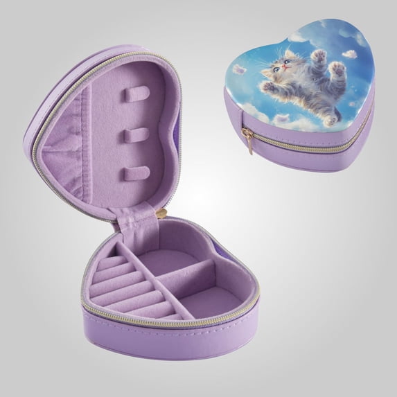 Cute Cats Flying on Floral Field PU Leather Heart-shaped Jewelry Box ...