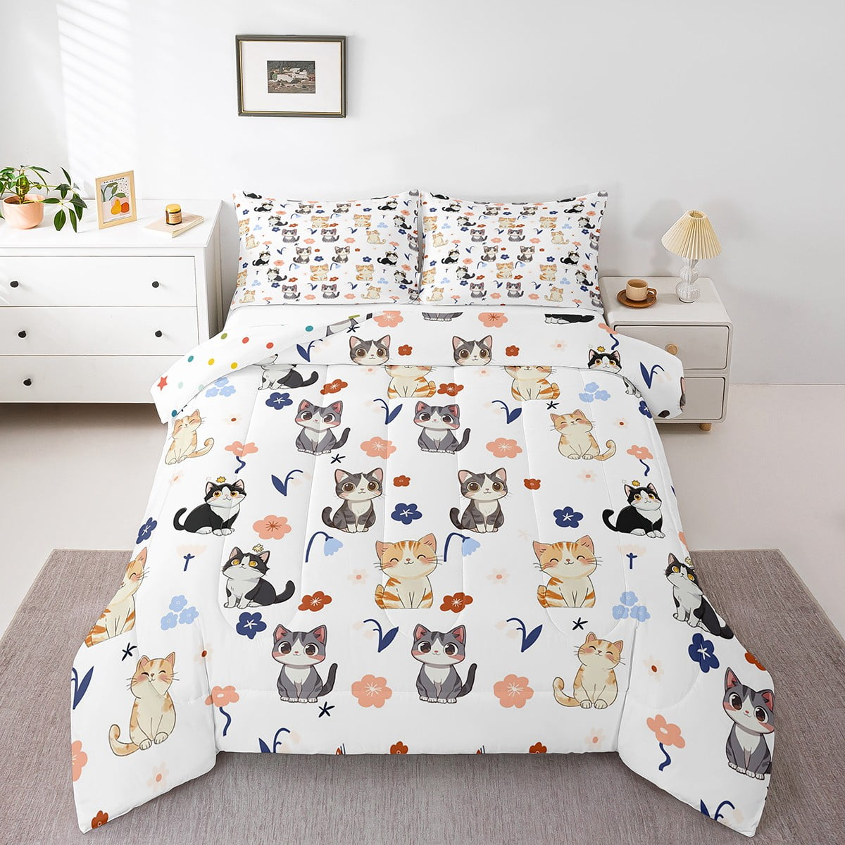 Cute Cats Full Size Comforter Set, Kawaii Kitten Pets Florals Bed Set ...