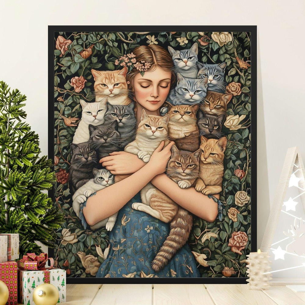 Cute Cats Lady Embrace Poster, Cat Lover Wall Art Vintage Style ...