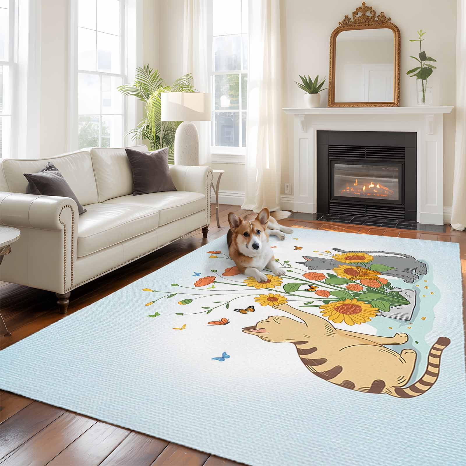 Cute Cats Large Area Rugs 5x8 ft Yellow Red Flower Butterflies Leaf ...