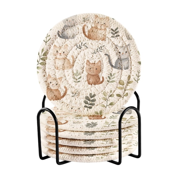 Cute Cats Leaves Watercolor Painting Drinking Coasters Cup Mat with ...