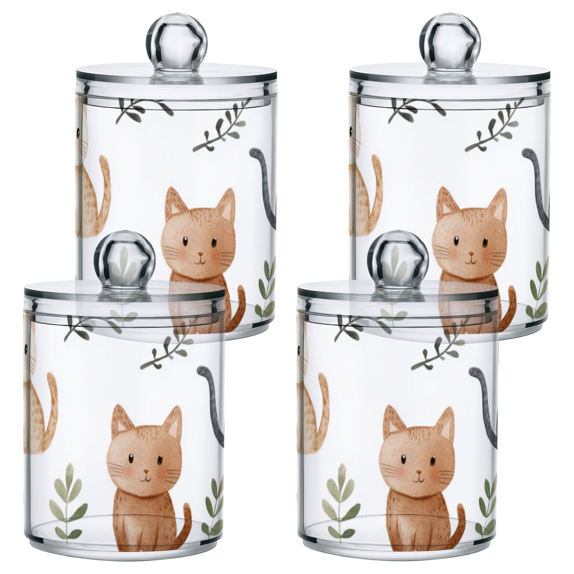 Cute Cats Leaves Watercolor Painting Translucent Plastic Cans Storage ...