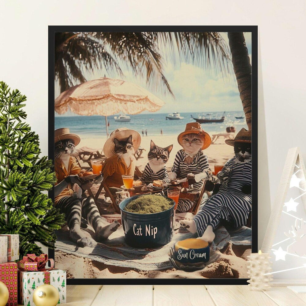 Cute Cats On Beach Poster, Funny Beach Cats Art Print, Whimsical Cats ...