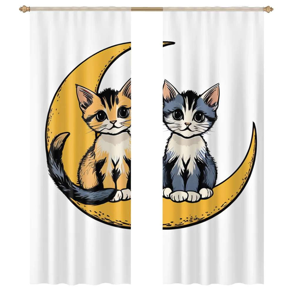 Cute Cats On Crescent Moon Modern Tulle Window Curtains for Living Room ...