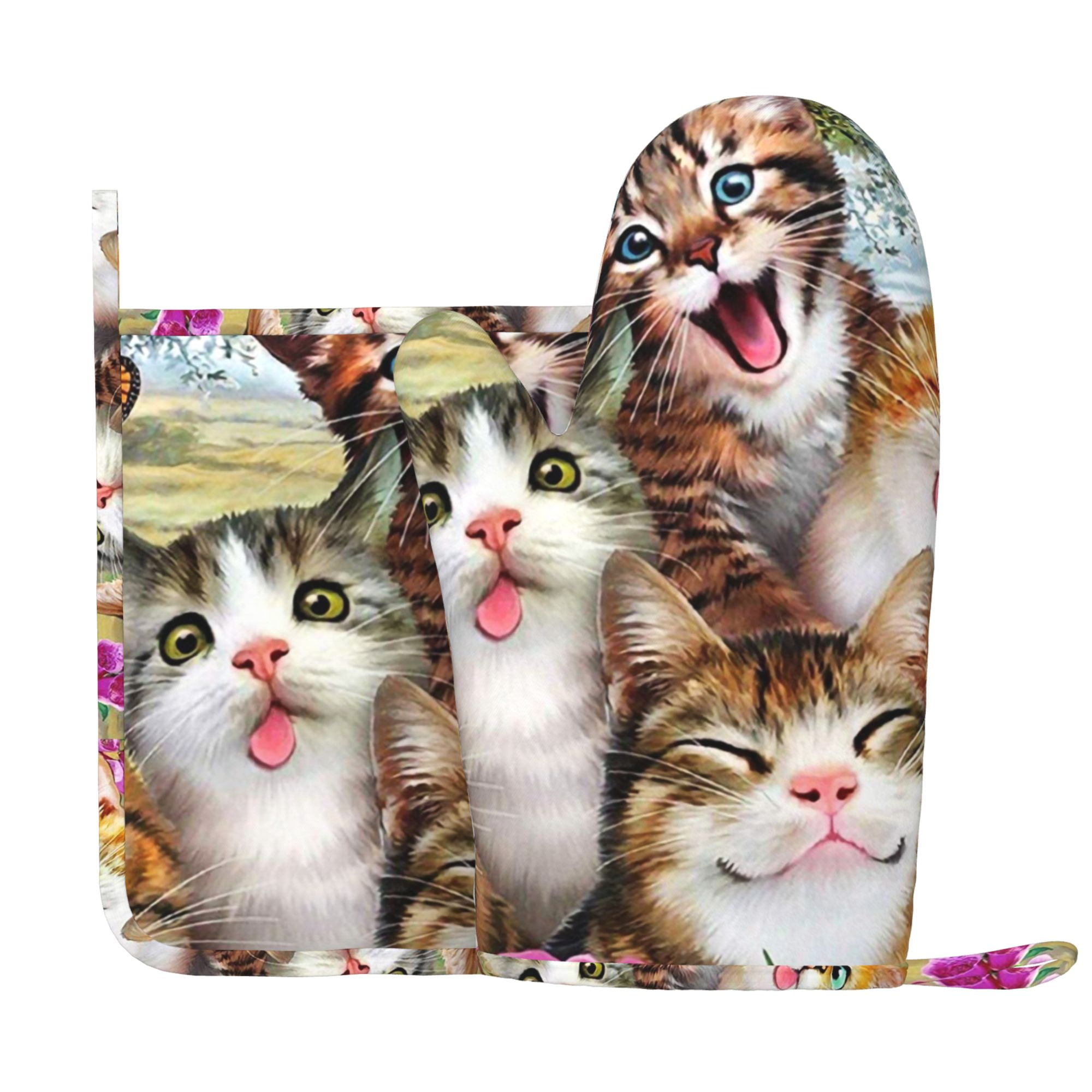 Cute Cats Oven Mitts Pot Holders Set Non-Slip Cooking Kitchen Gloves ...