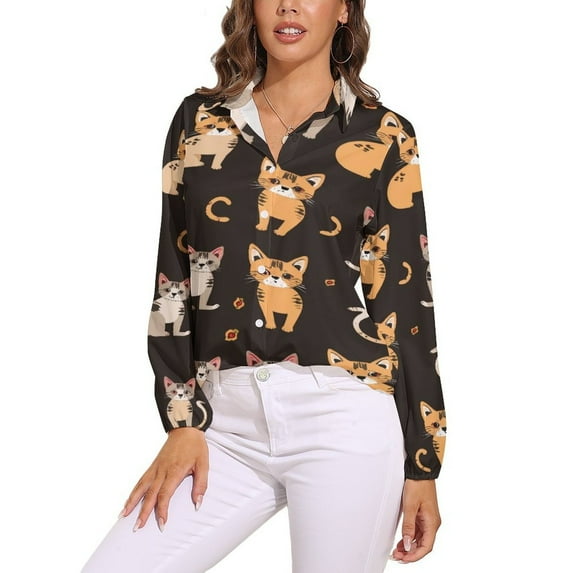 Cute Cats Pattern Blouse Female Long Sleeve Casual Shirts Oversized ...