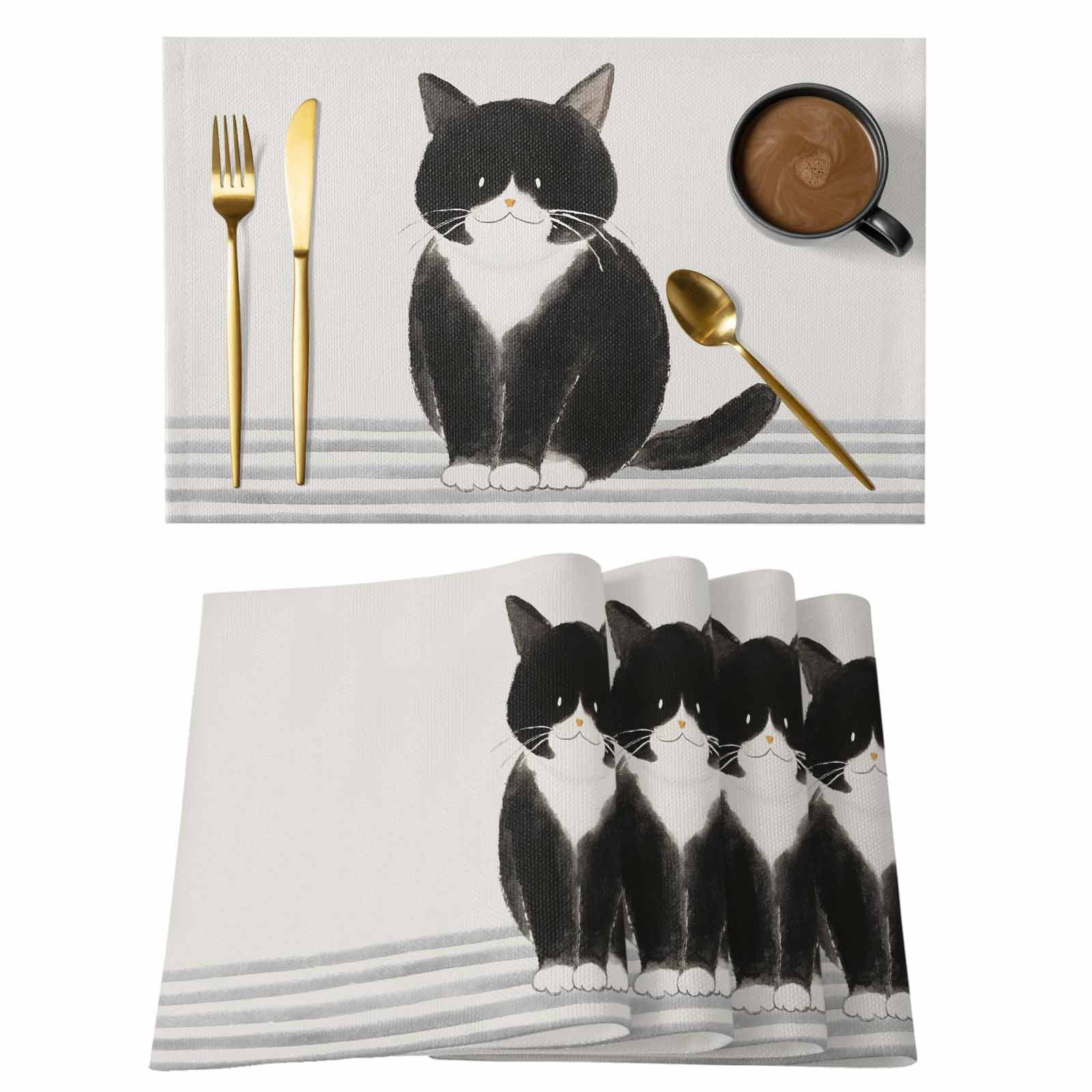 Cute Cats Placemats Set of 6 Modern Abstract Ink Painting Gray Striped ...