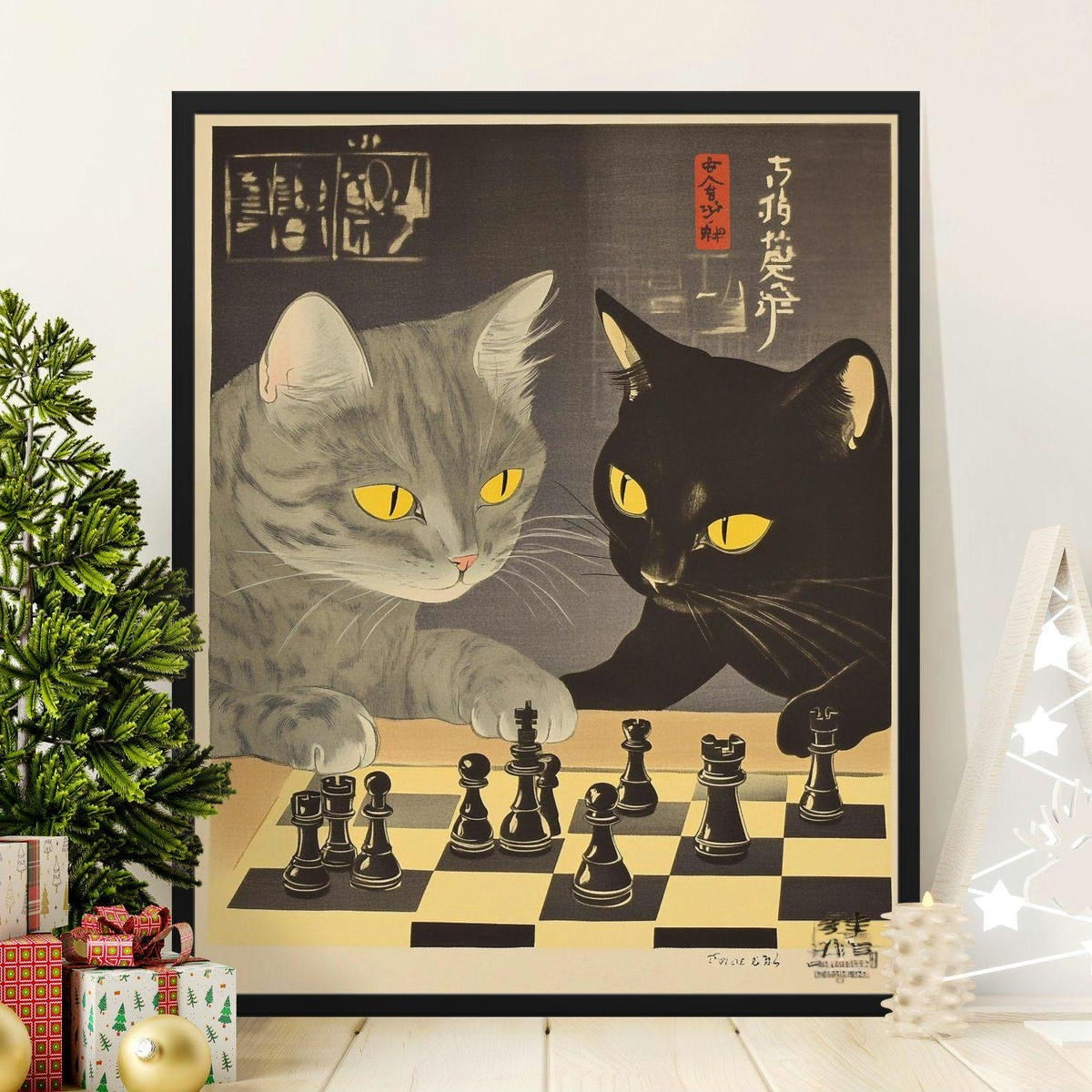 Cute Cats Playing Chess Poster, Vintage Style Cat Art Print, Unique ...