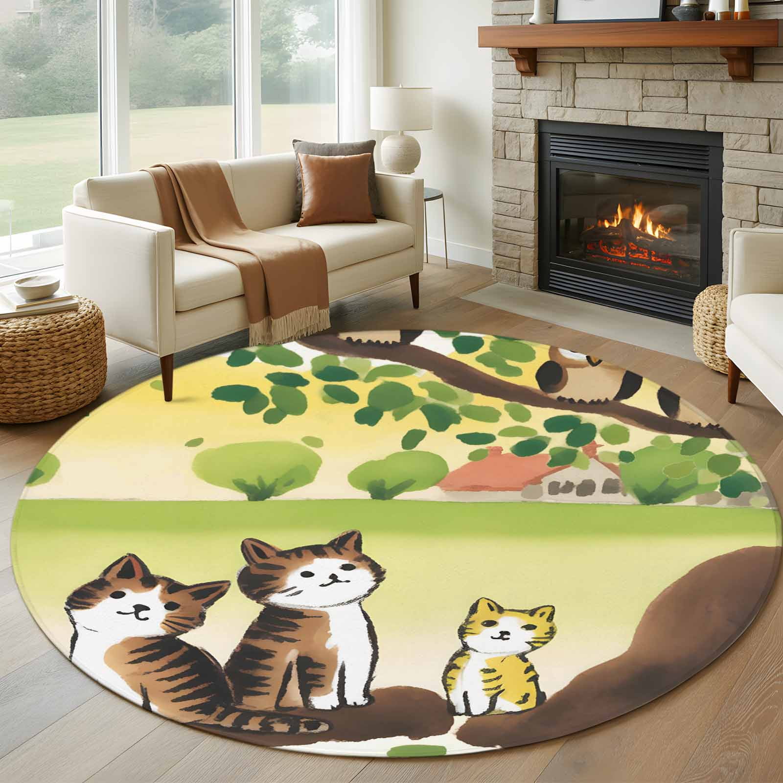 Cute Cats Round Area Rug 5Ft Washable Circle Rugs for Living Room ...