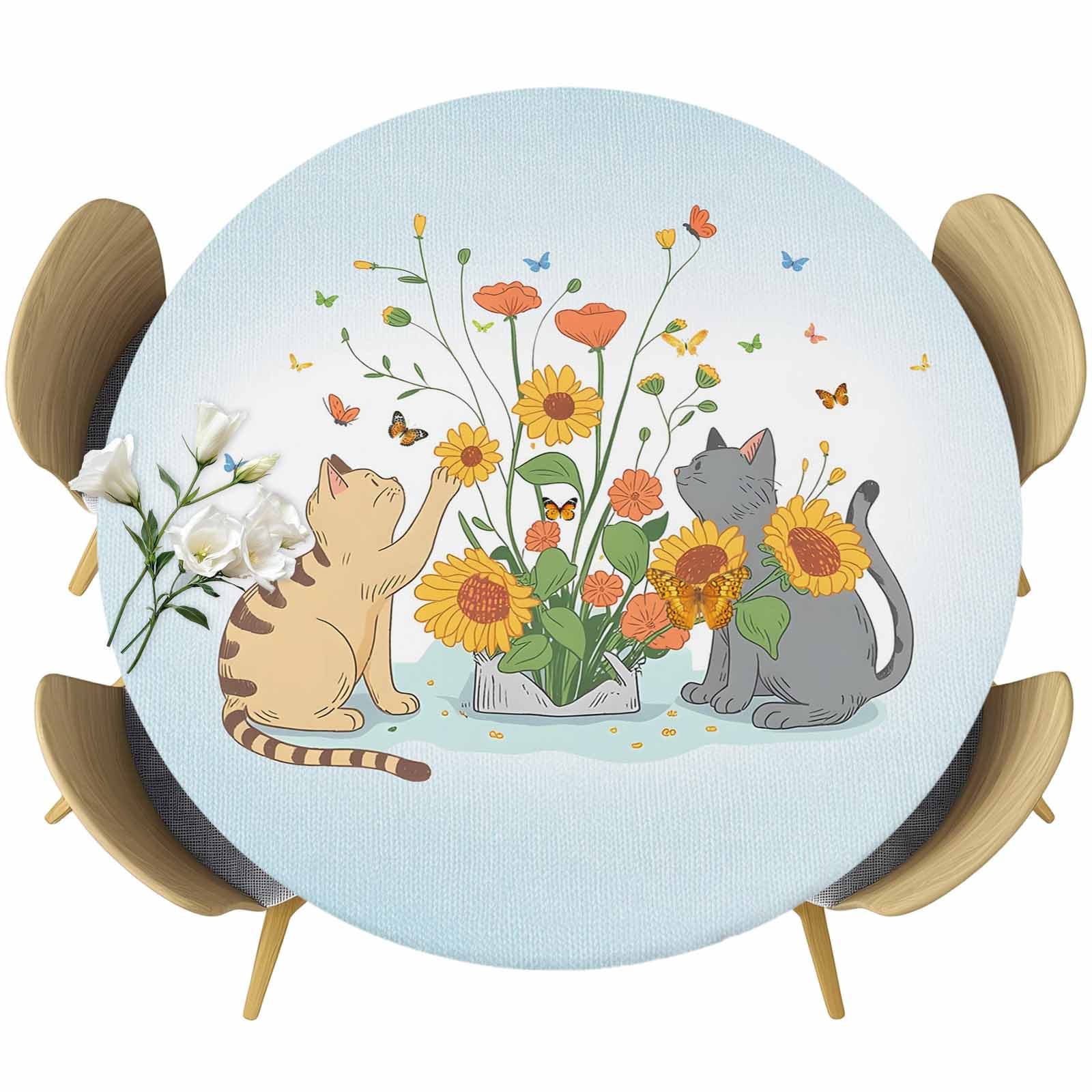 Cute Cats Round Fitted Tablecloth with Elastic Edge, Yellow Red Flower ...