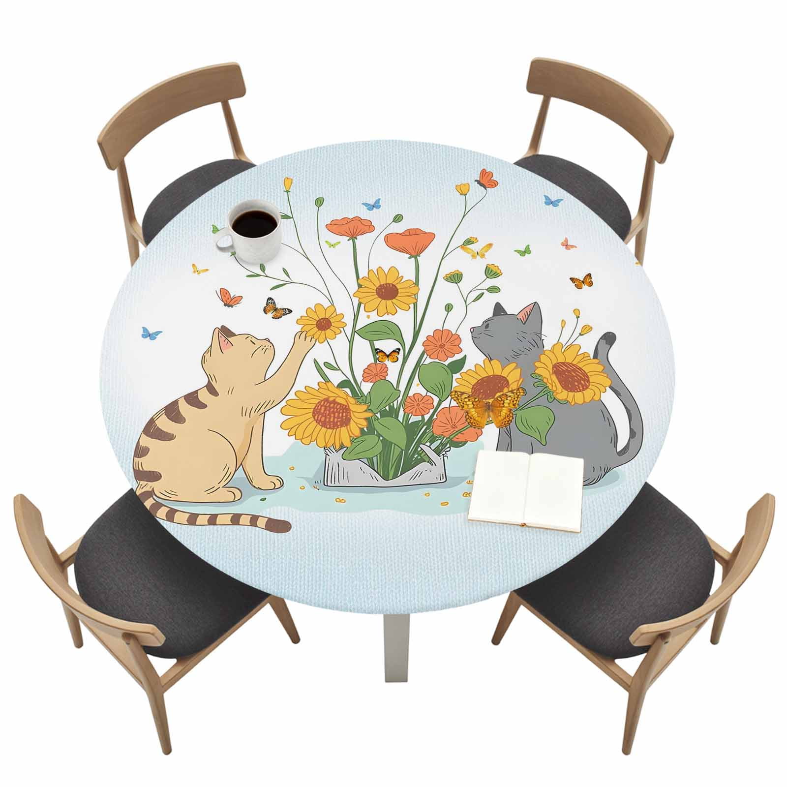 Cute Cats Round Fitted Tablecloth with Elastic Edge Yellow Red Flower ...