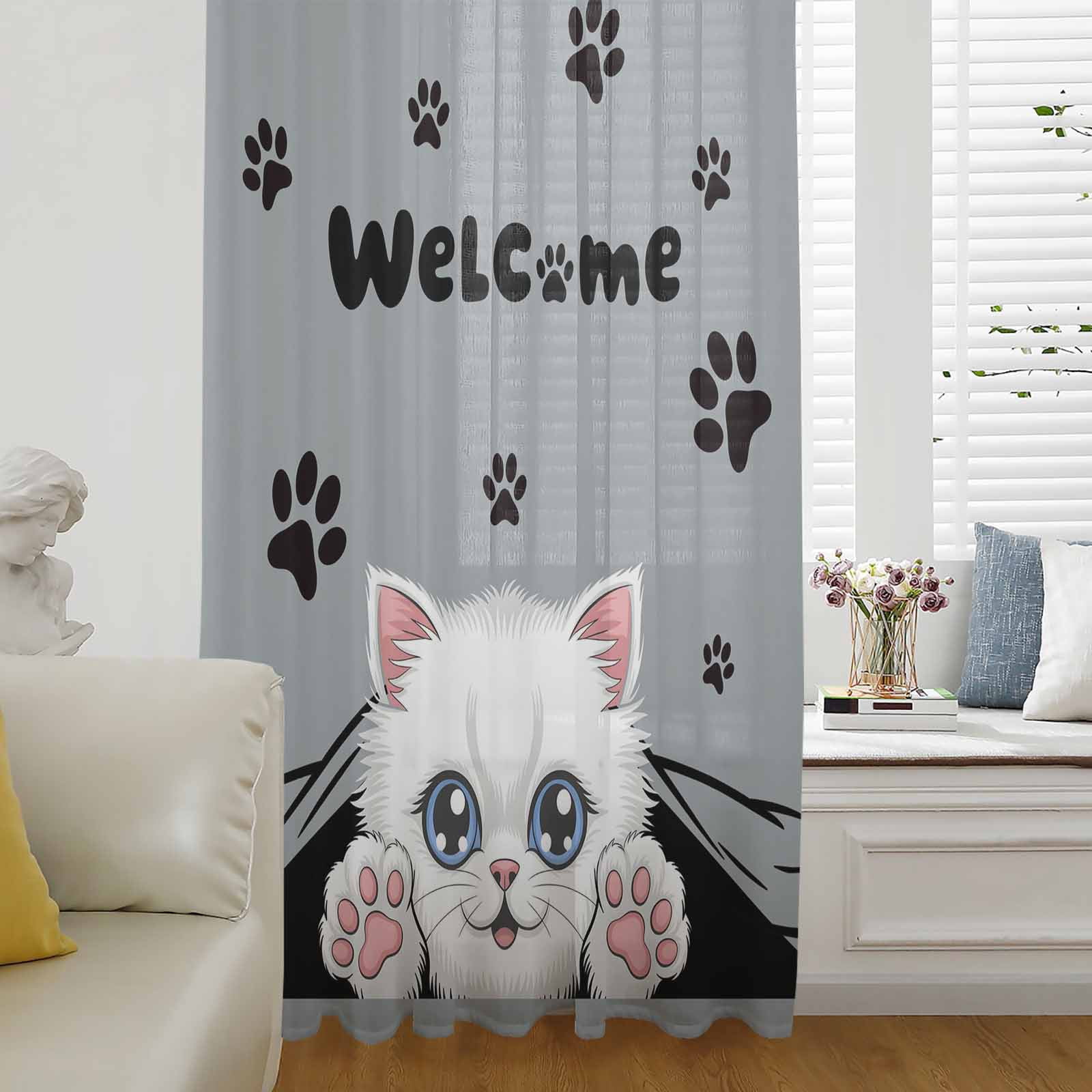 Cute Cats Sheer Curtains 108 Inches Long for Living Room/Bedroom ...