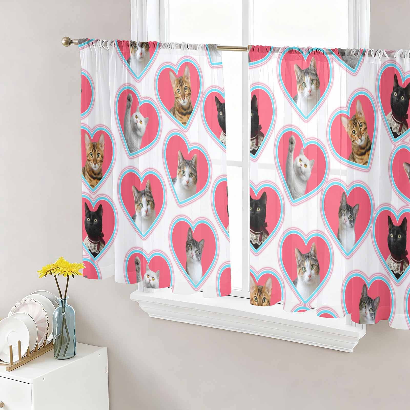 Cute Cats Sheer Curtains 45 Inch Length 2 Panels Set, Pink Love Hearts ...