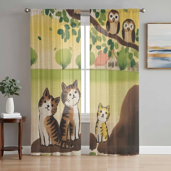 Cute Cats Sheer Curtains 63 Inch Length 2 Panels Set, Japanese Owls ...