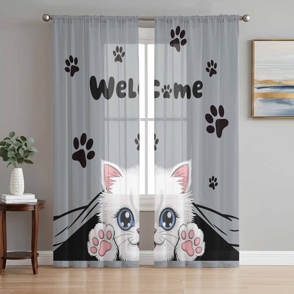 Cute Cats Sheer Curtains 63 Inch Length 2 Panels Set Window Treatments ...