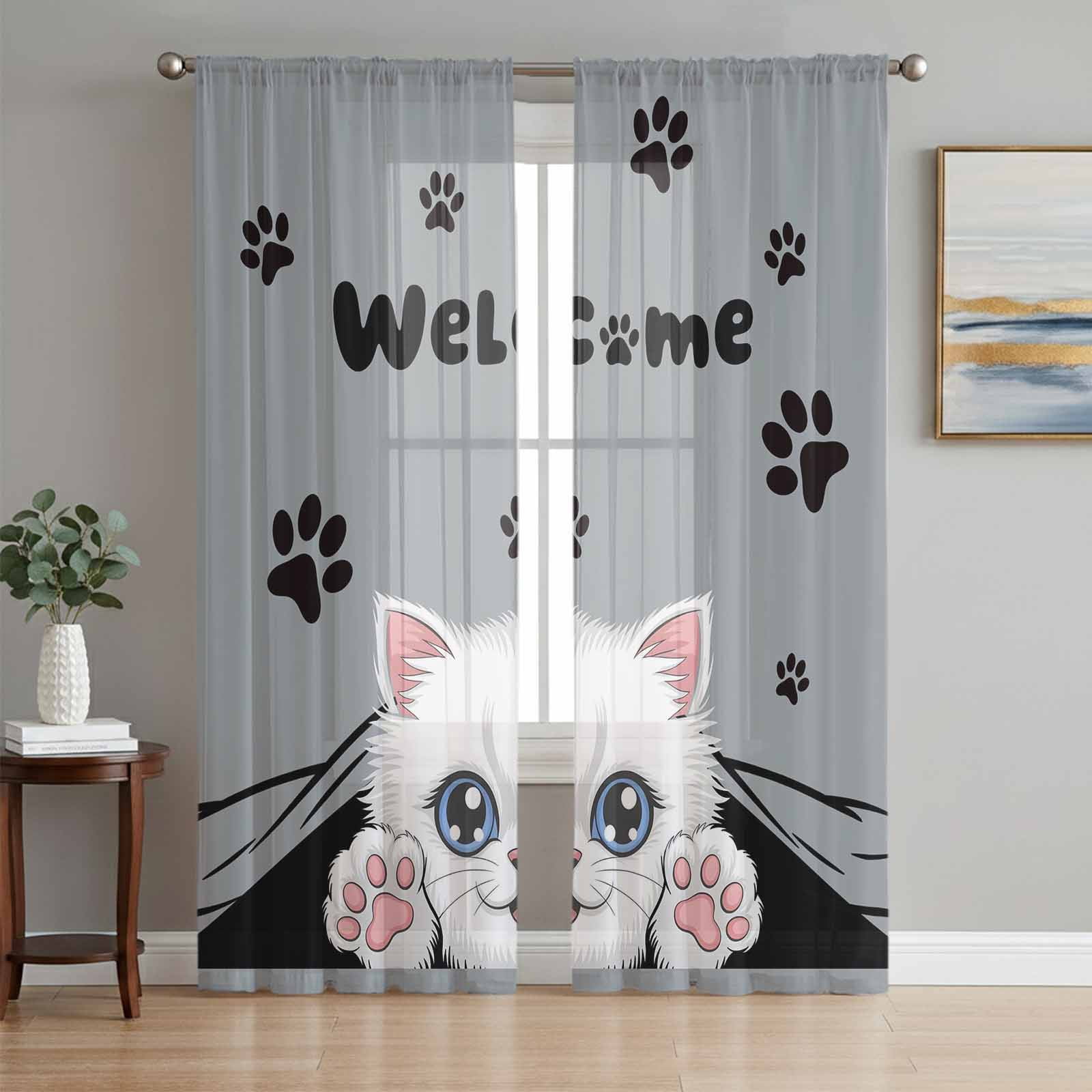 Cute Cats Sheer Curtains 72 Inch Length 2 Panels Set Window Treatments ...