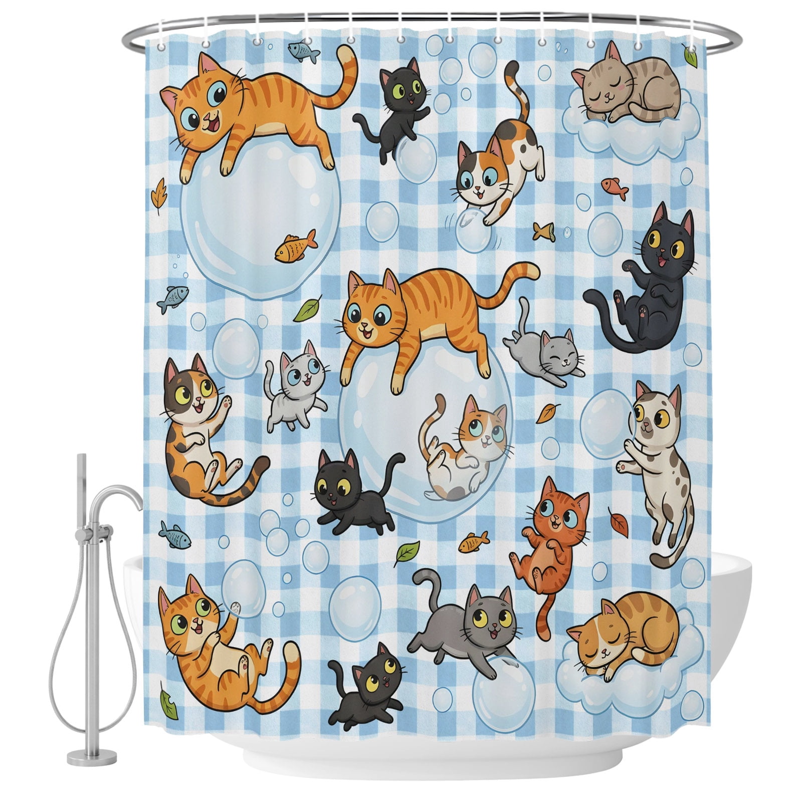 Cute Cats Shower Curtain for Bathroom, Black Orange Gray Cat Bubbles ...