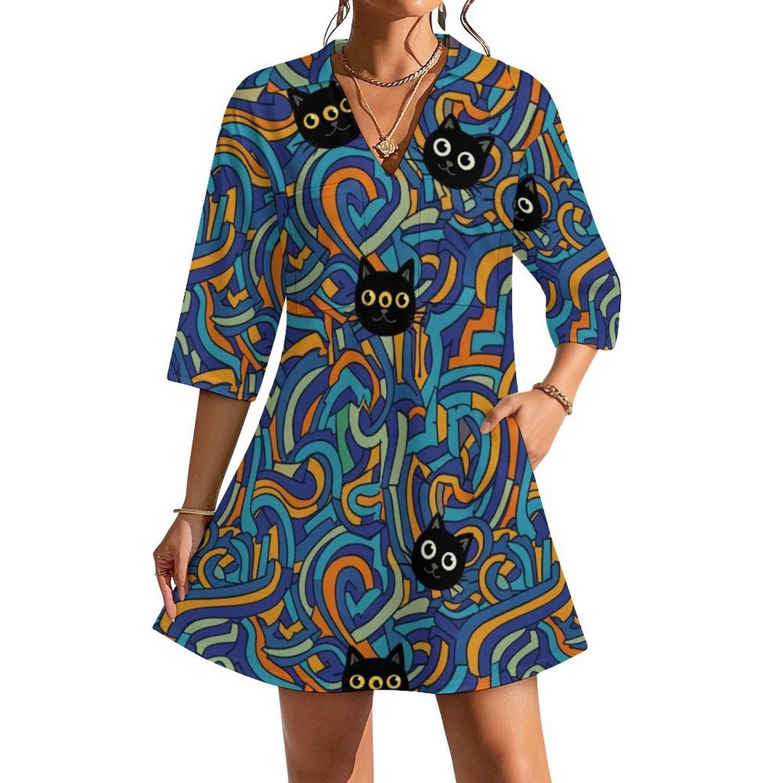 Cute Cats Swirl Pattern Womens Dress With Pockets Summer V Neck 3/4 ...