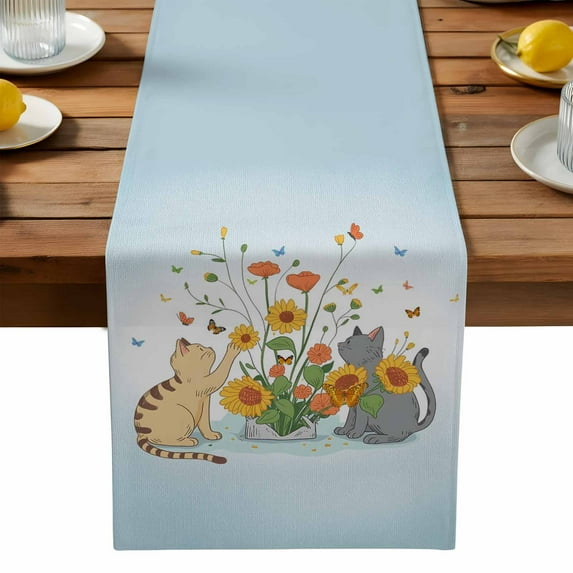 Cute Cats Table Runner, Yellow Red Flower Butterflies Leaf Gradient ...