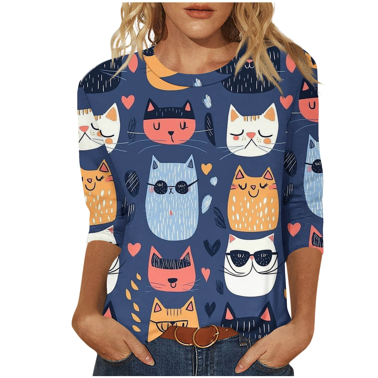 Cute Cats Tees for Women 3/4 Sleeved Tops Round Neck Tee Shirts Loose ...
