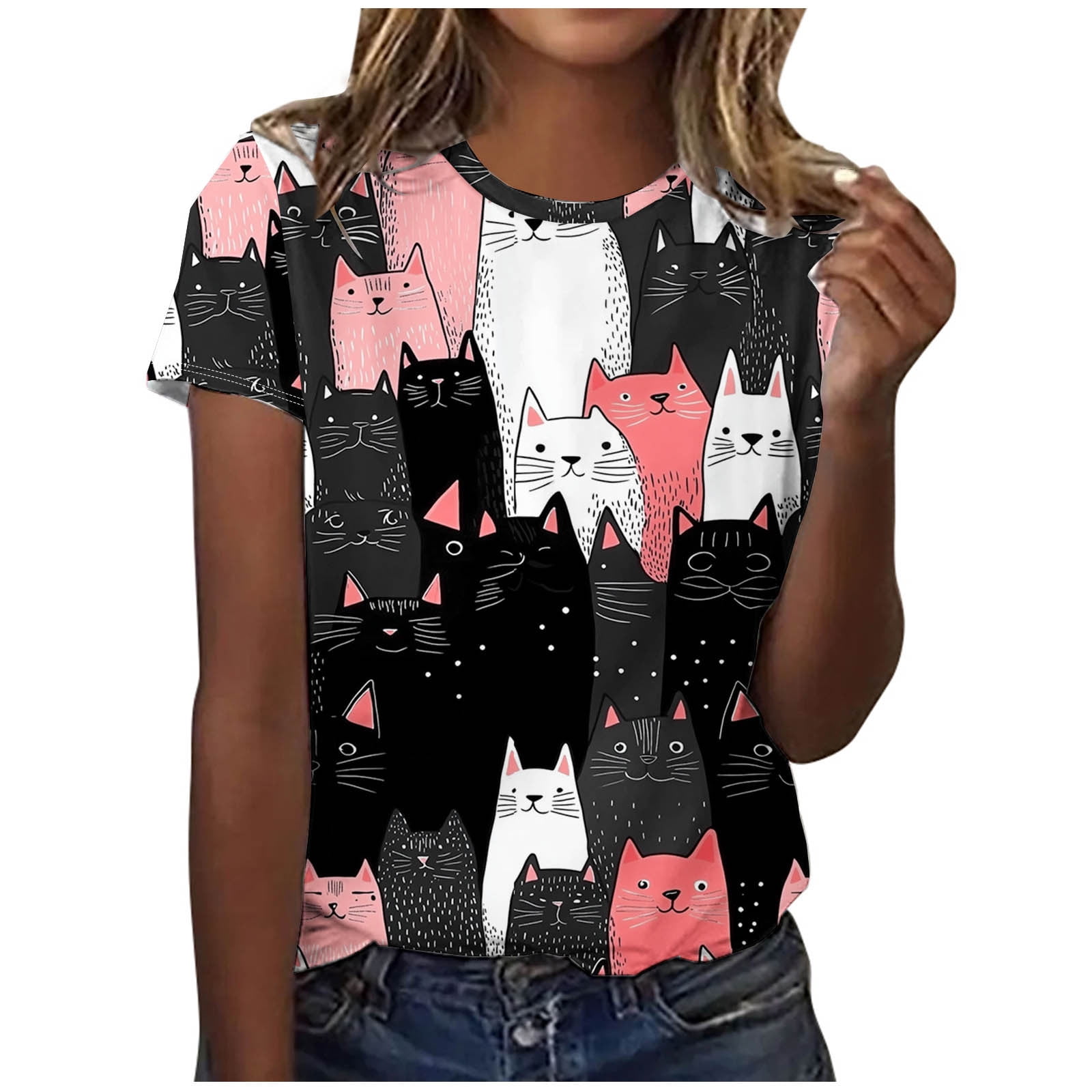 Cute Cats Tees for Women 3/4 Sleeved Tops Round Neck Tee Shirts Loose ...