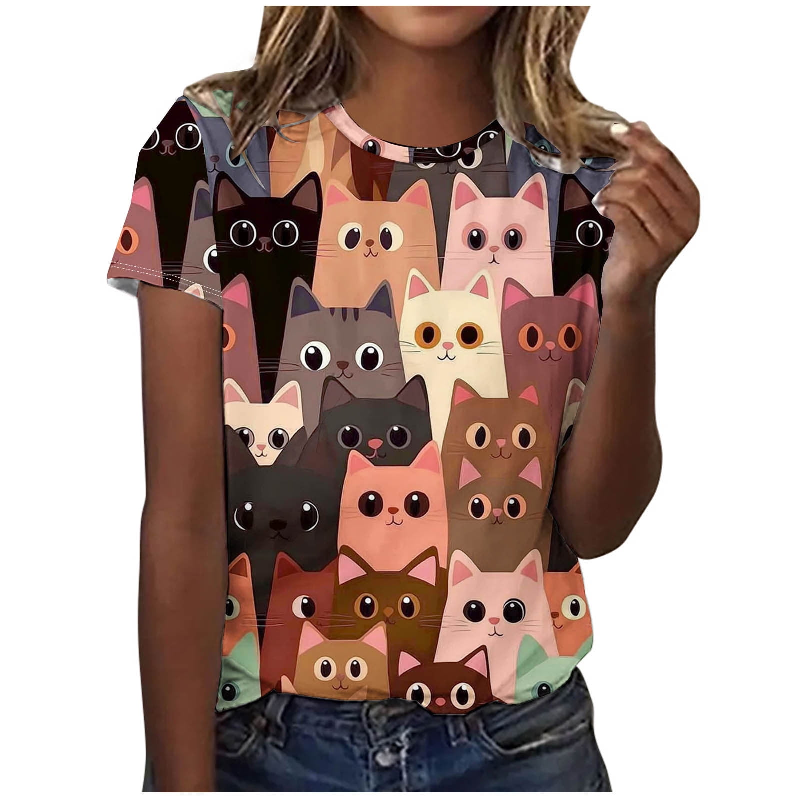 Cute Cats Tees for Women 3/4 Sleeved Tops Round Neck Tee Shirts Loose ...