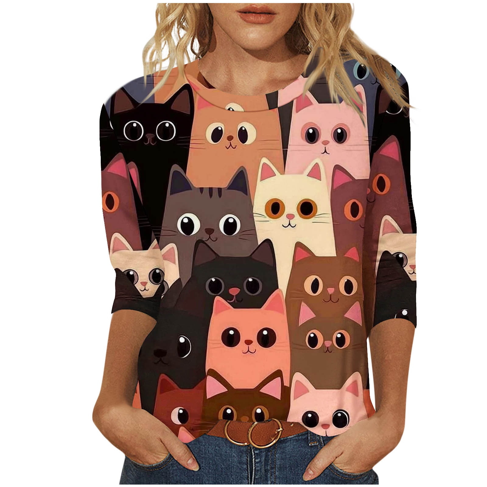 Cute Cats Tees for Women 3/4 Sleeved Tops Round Neck Tee Shirts Loose ...
