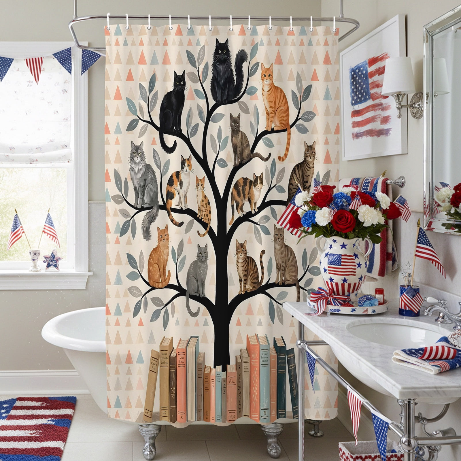 Cute Cats on Tree Books Shower Curtain for Bathroom, Leaves Geometric ...