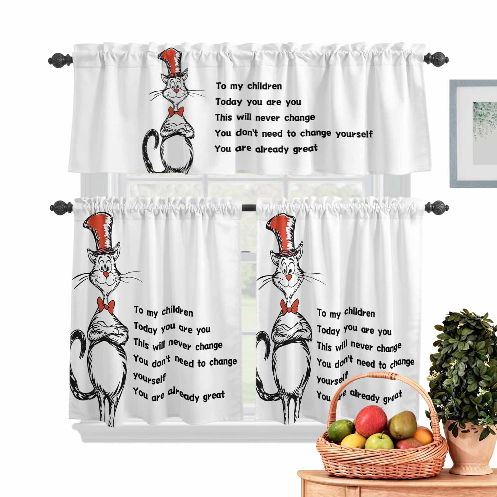 Cute Cats Wear Red Hats Kitchen Curtains Valances 3 Piece Set, Healing ...