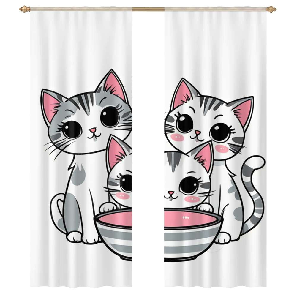 Cute Cats With Bowl Modern Tulle Window Curtains for Living Room Luxury ...