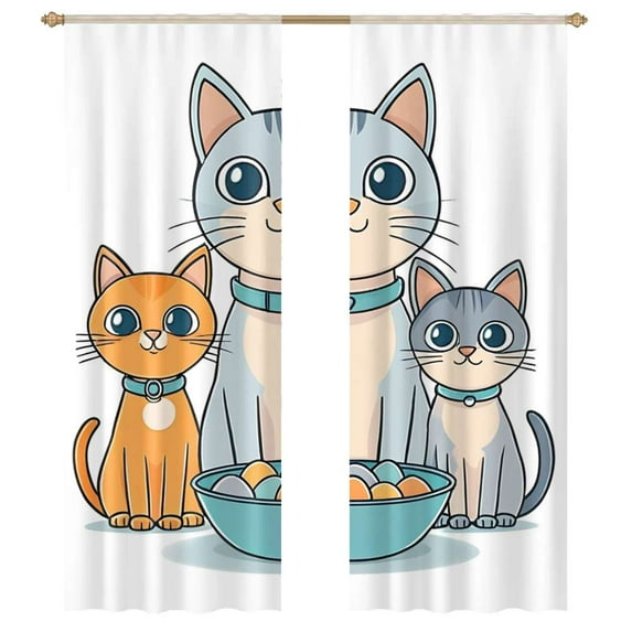 Cute Cats With Bowl Tulle Curtains For Living Room Chiffon Sheer Voile ...