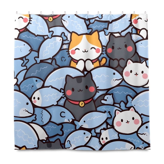 Cute Cats and Fish Shower Curtain Liners Waterproof 72 Inch with C ...