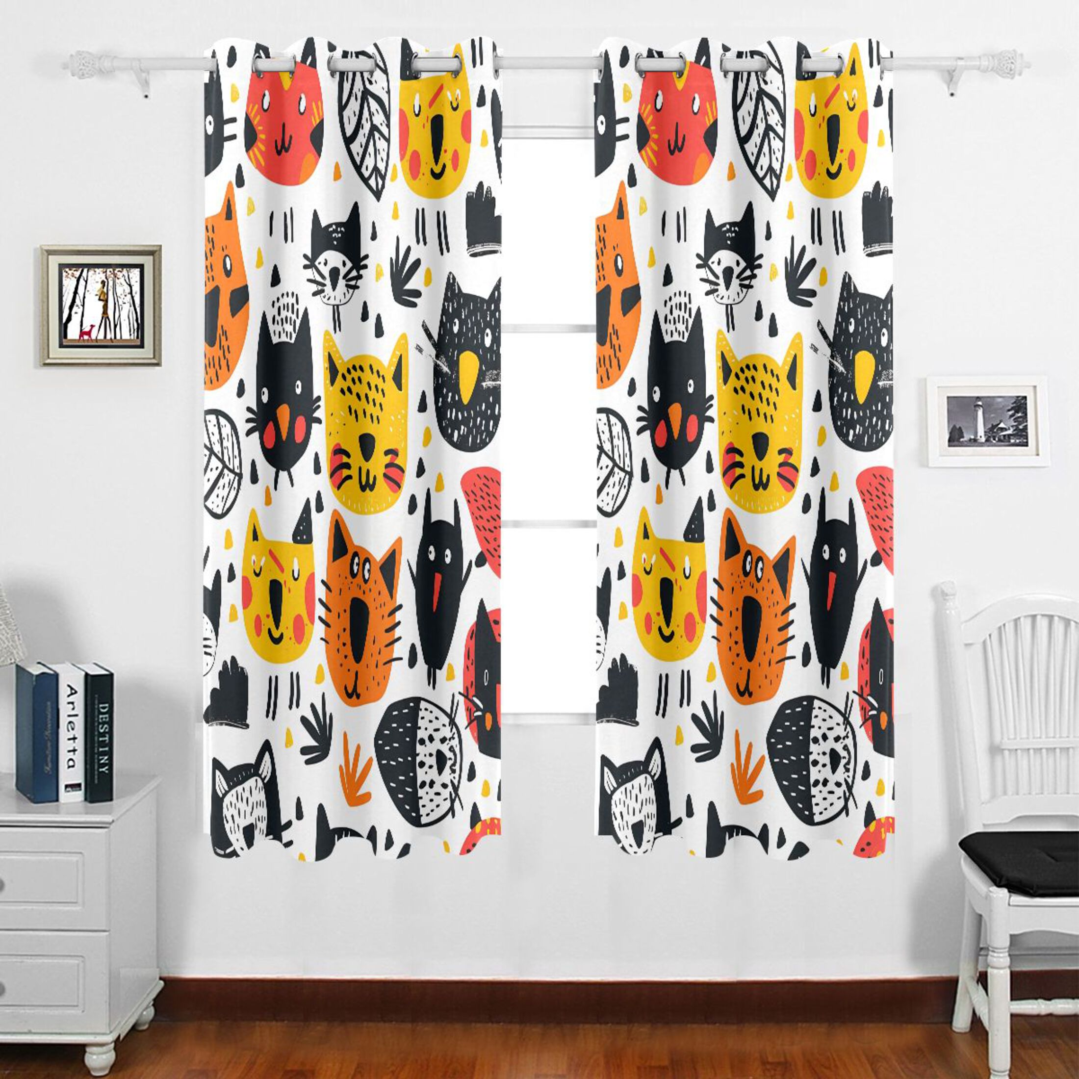 Cute Cats and Leaves Grommet Blackout Curtains Thermal Insulated Window ...