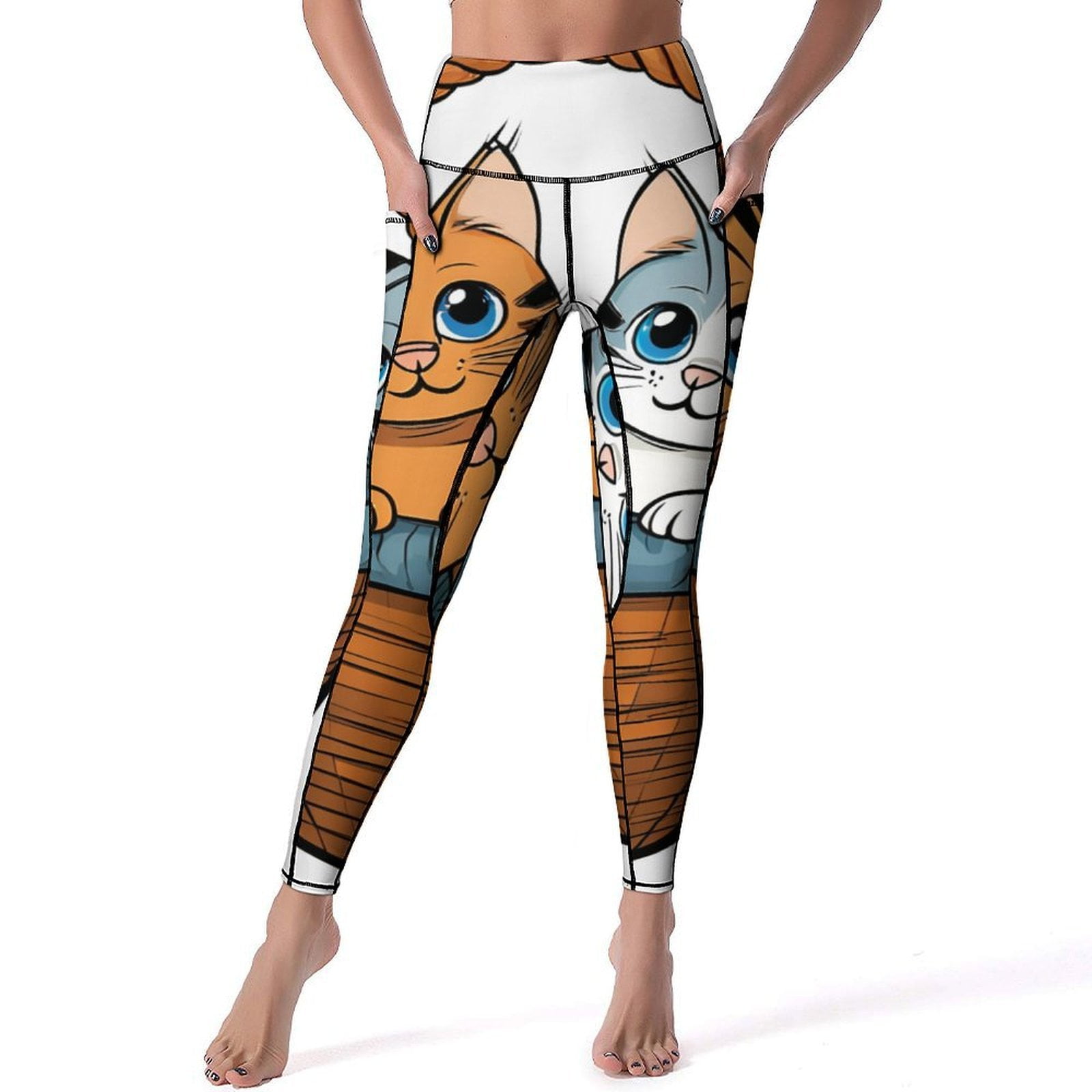 Cute Cats in Basket Leggings Fitness Gym Yoga Pants High Waist Stretch ...