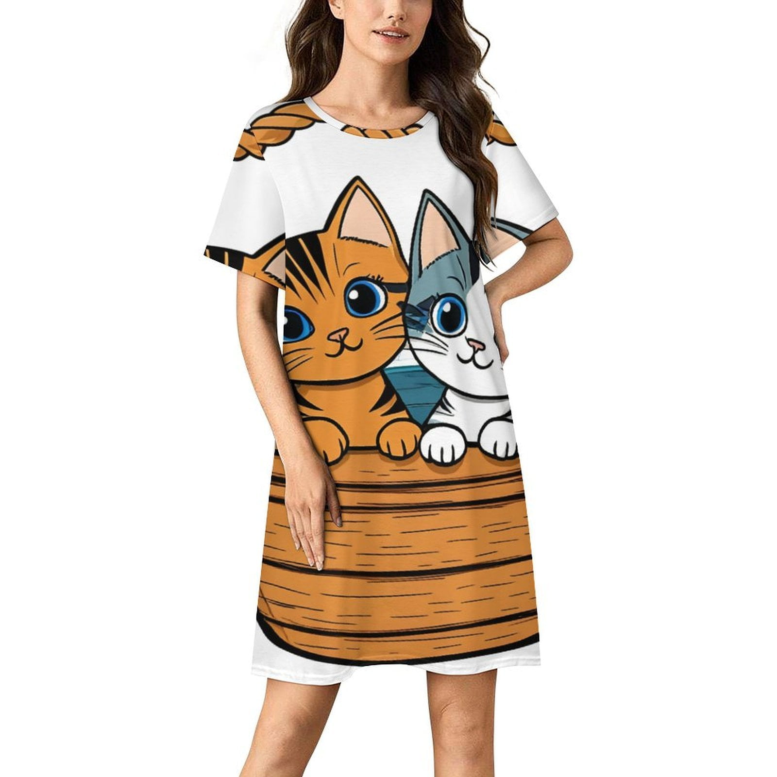 Cute Cats in Basket Women Nightgown Sleepwear Short Sleeves For ...