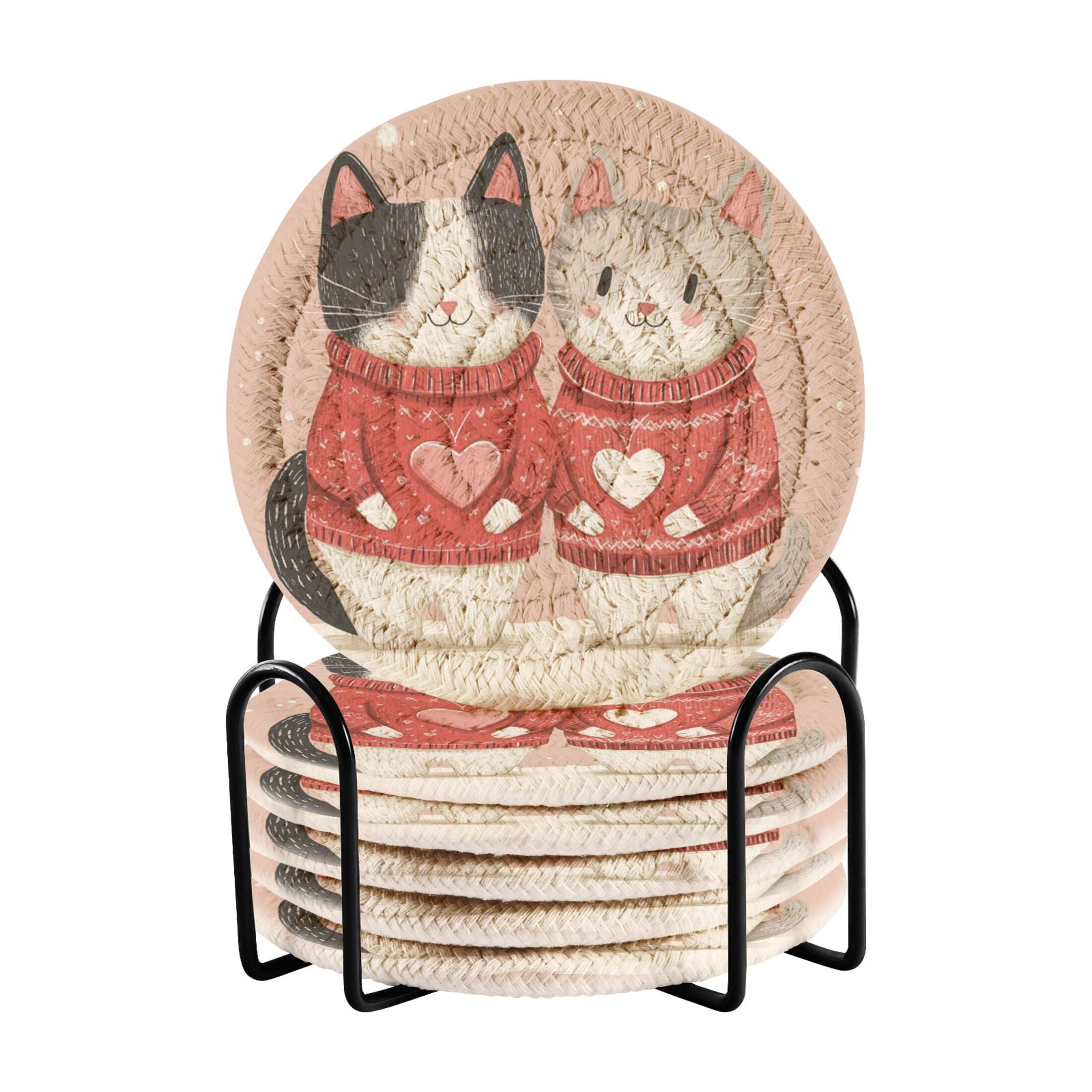 Cute Cats in Valentine's Day Drinking Coasters Cup Mat with Holder for ...