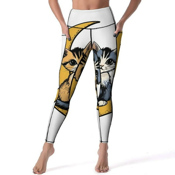 Cute Cats on Crescent Moon Leggings Jogger Pants Women's Tights Womens ...