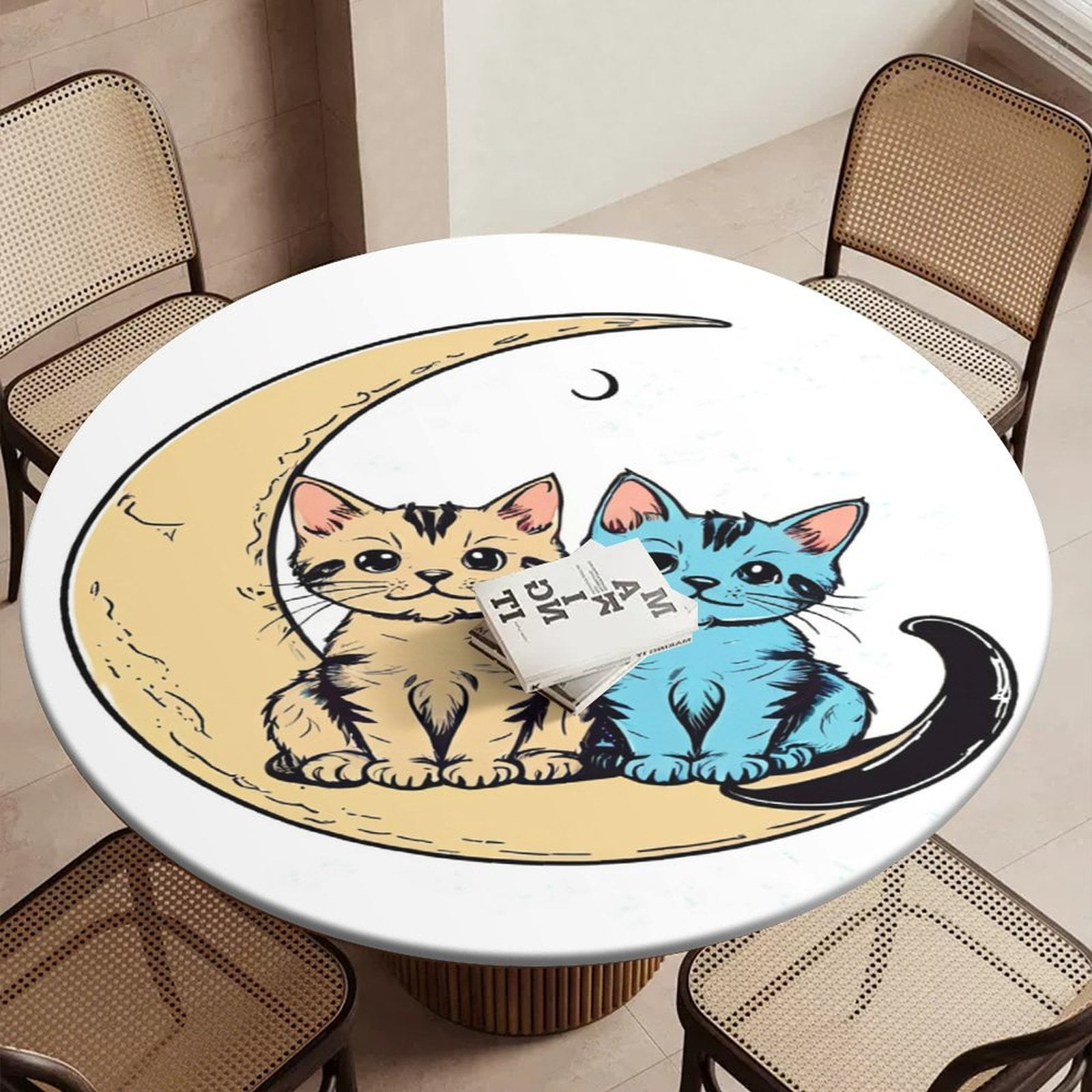 Cute Cats on Crescent Moon Round Table Cover Kitchen Printed Waterproof ...