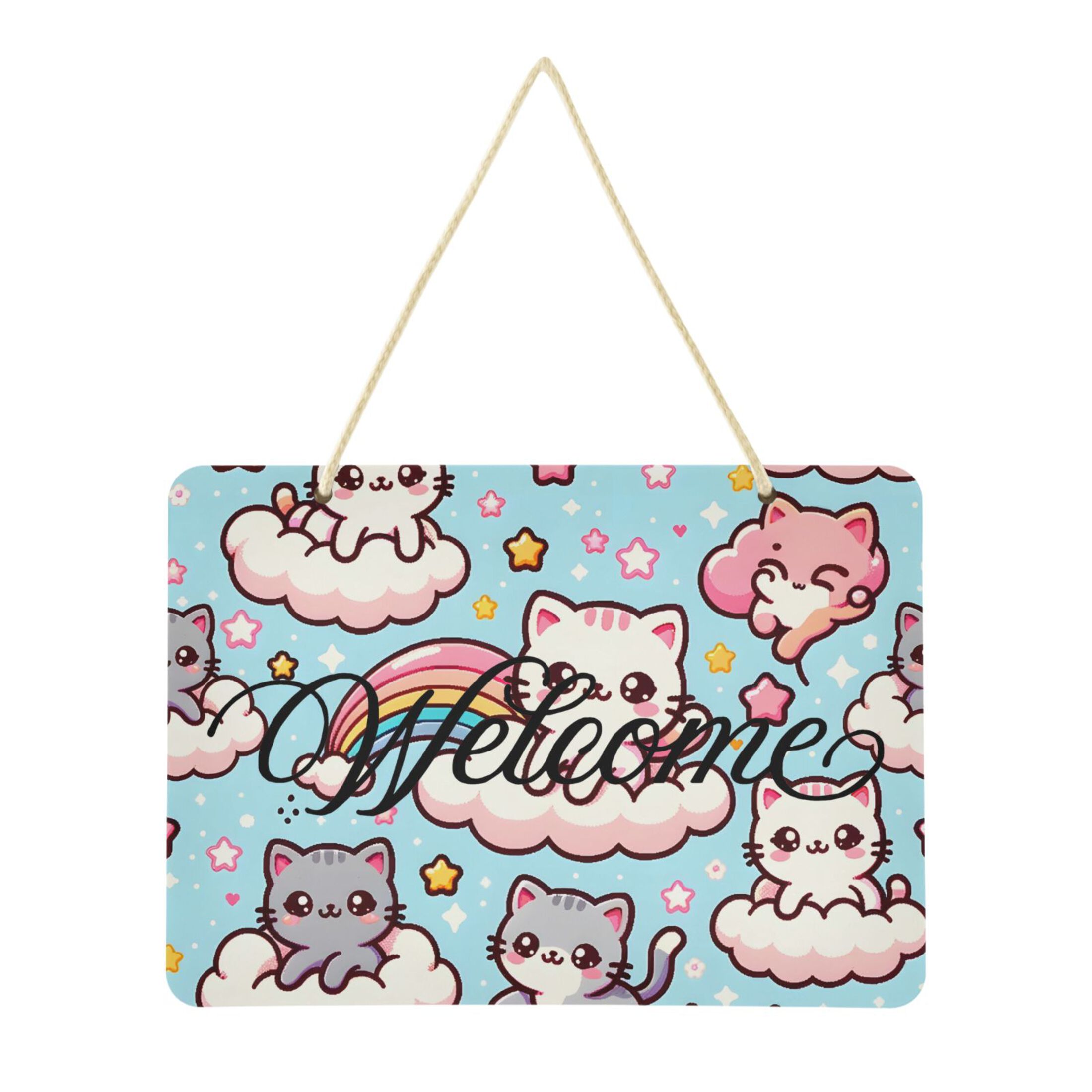 Cute Cats with Cloud Welcome Sign Front Door PVC 14x10 inch Hanger ...