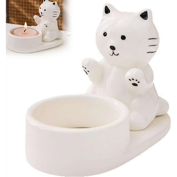 Cute Ceramic Cat Candle Holder - Cartoon Kitten Warming Paws Tea Light ...